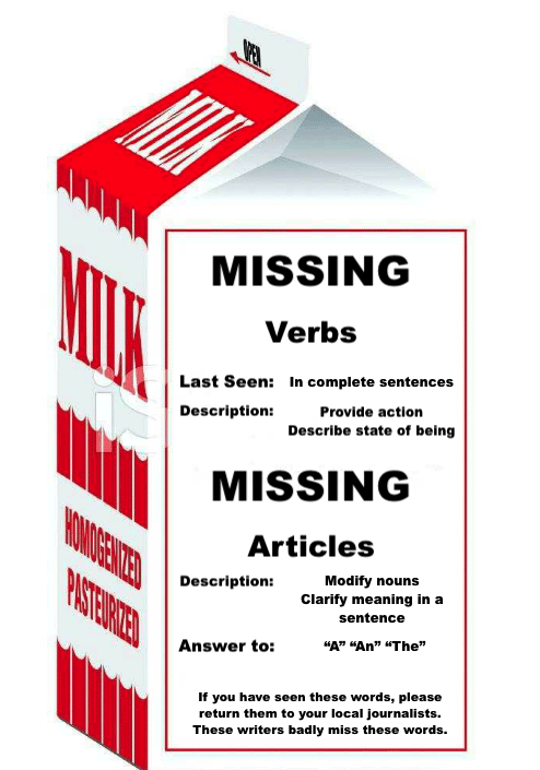 MISSING: Verbs and articles. If found, please return to area ...